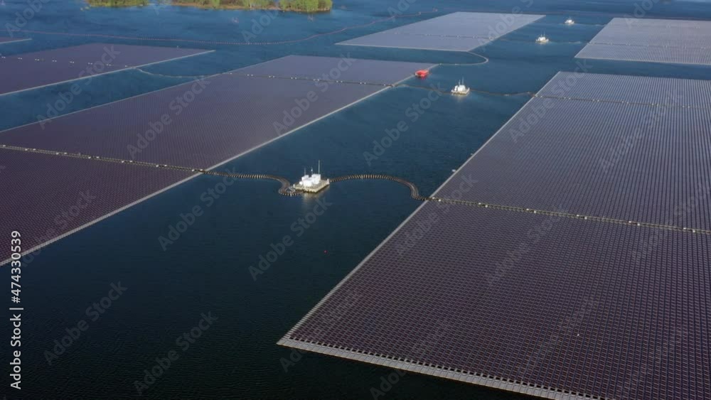 Aerial view floating solar cell power plant with solar cell generate ...