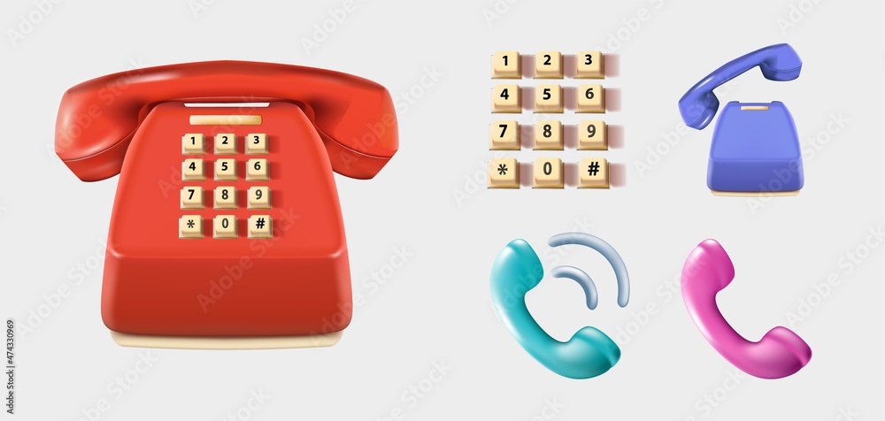 set of 3d icons of the phone, handset of different colors. Retro style ...