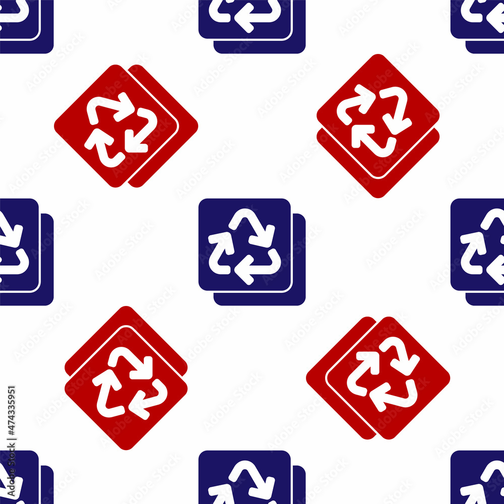 Blue and red Recycle symbol icon isolated seamless pattern on white ...