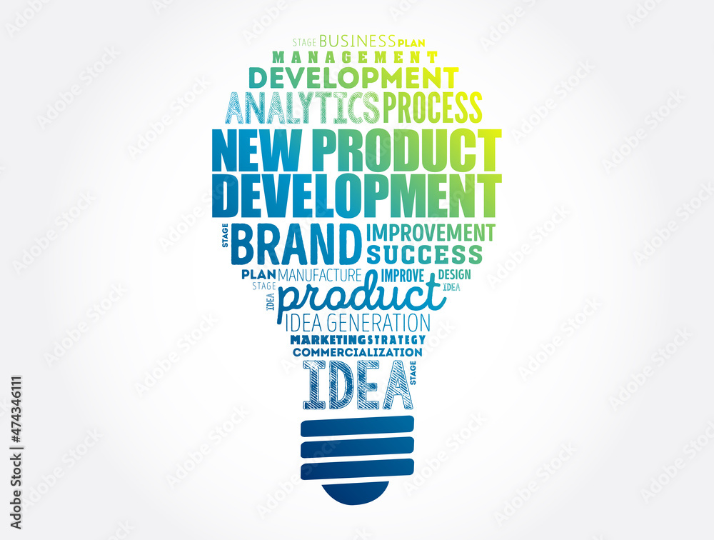 New product development light bulb word cloud collage, business concept ...