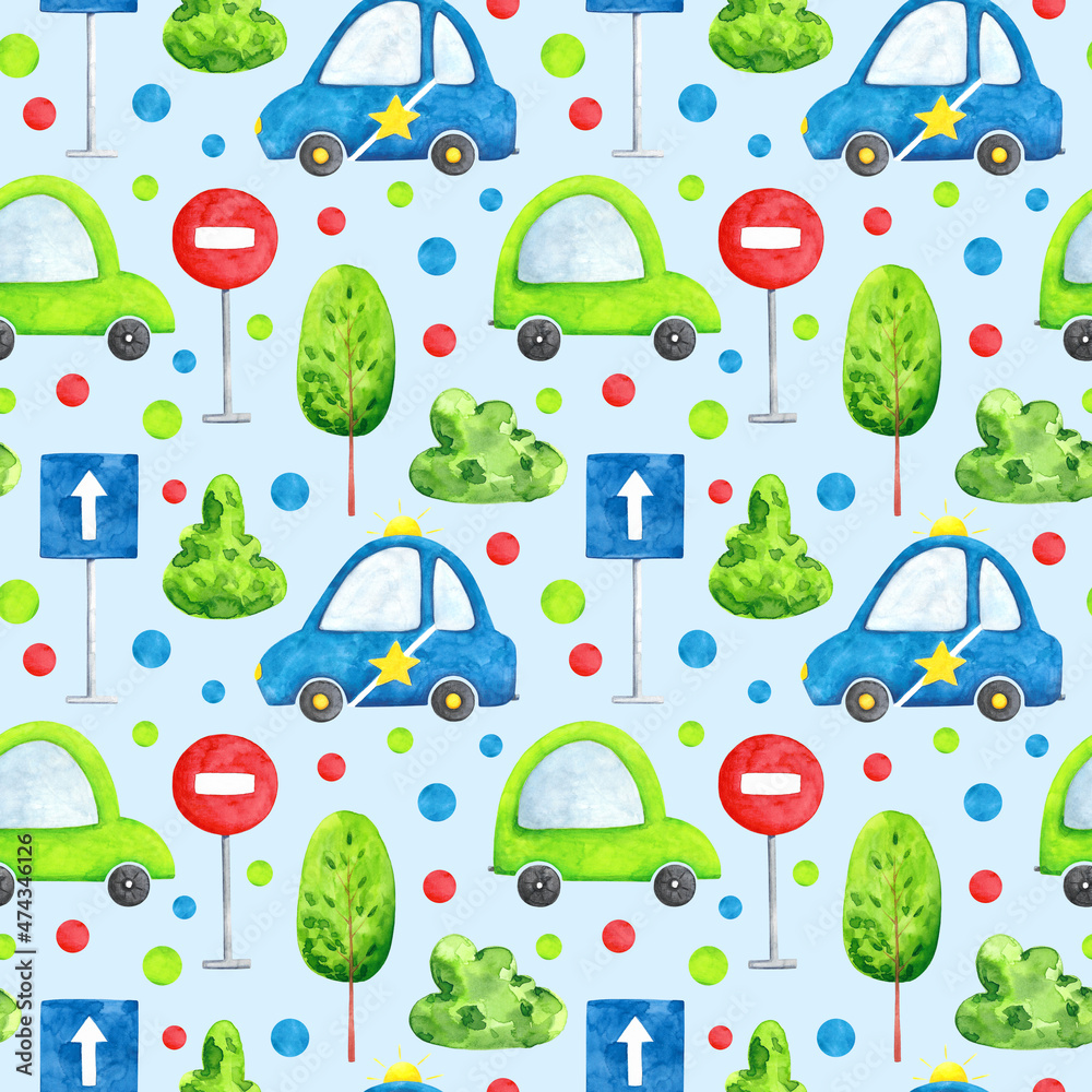 Watercolor cars on blue background seamless pattern. Cartoon transport ...
