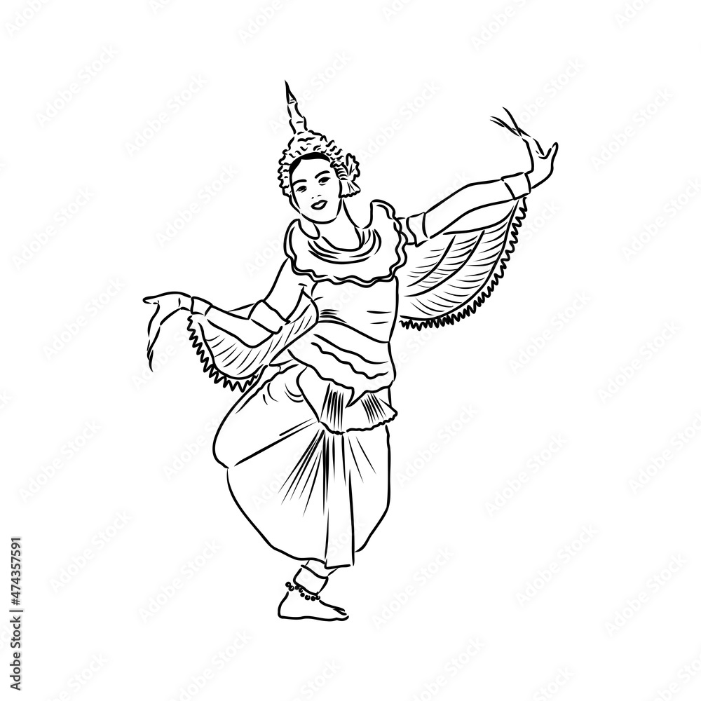 Hand drawn Thai traditional dancing style female ghost on white ...