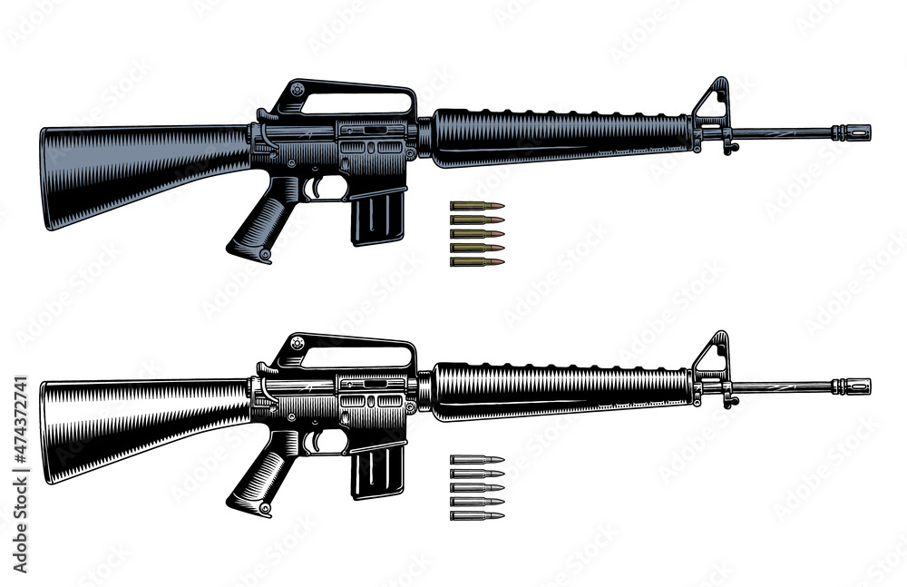 M16 assault rifle or machine gun and ammo cartridges, monochrome black ...