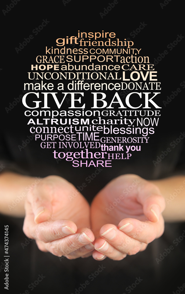 Give Back Campaign Word Cloud Circle Concept - female hands gently ...