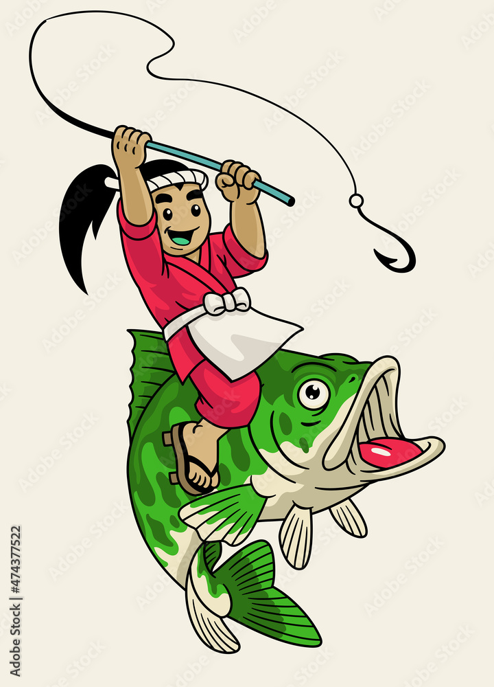 Japan cartoon fisherman fishing the bass fish Stock Vector | Adobe Stock