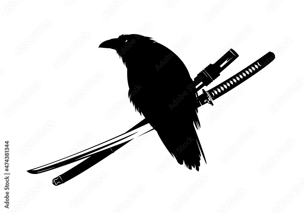 samurai katana sword and raven bird - japanese martial arts black and ...