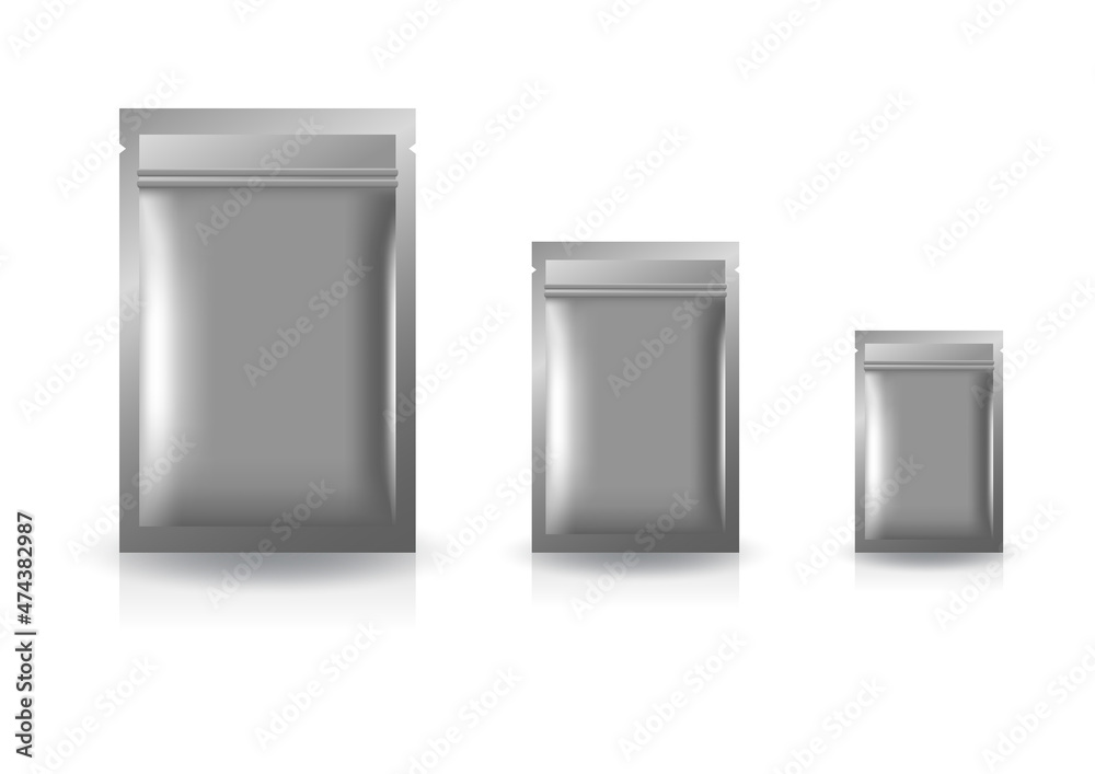 Silver gray standing ziplock bag (3 sizes) for food or healthy product ...