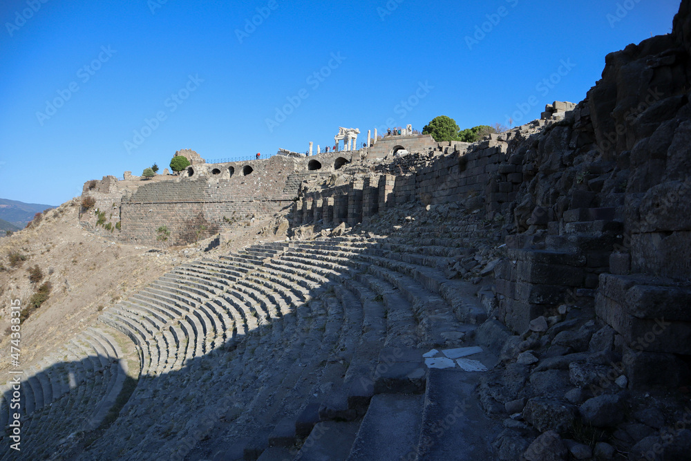 scenic view of ancient amphitheatre in Pergamon ruined city, Turkey ...