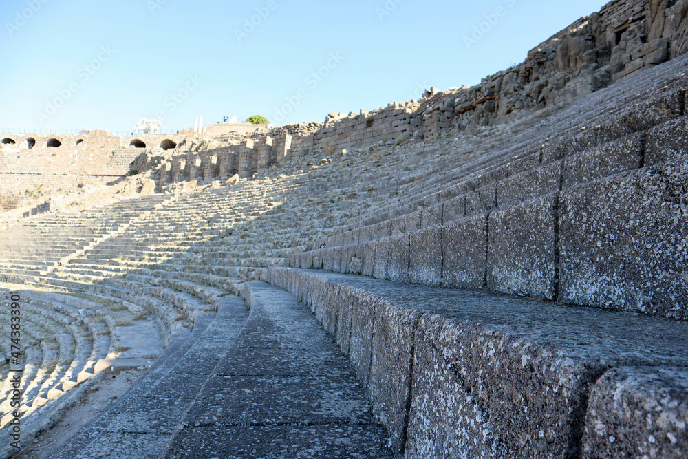 close up view of marble and stone seats of the ancient amphitheatre in ...
