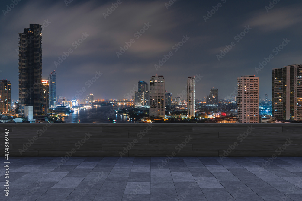 Panoramic Bangkok skyline view, concrete observatory deck on rooftop ...