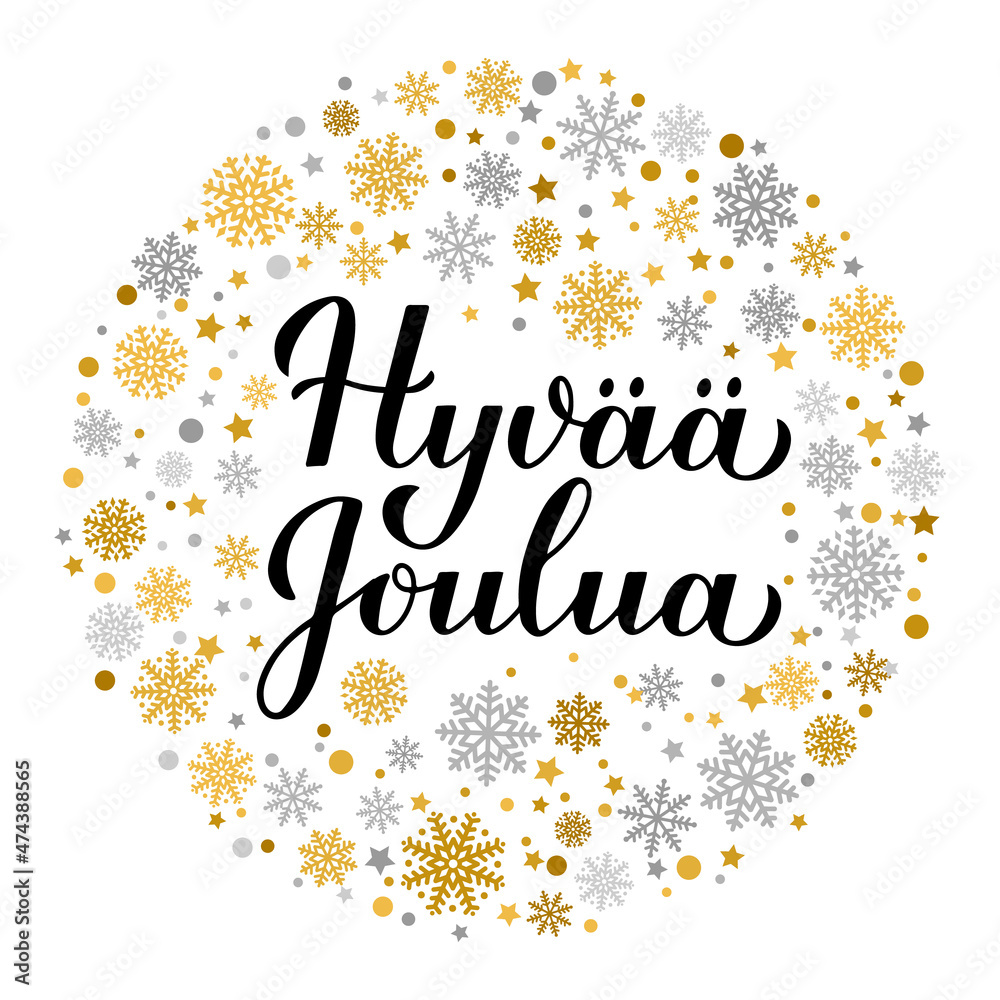 Hyvaa Joulua calligraphy hand lettering with gold and silver snowflakes ...