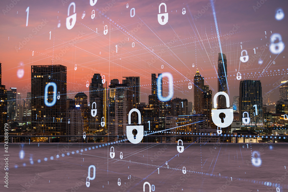 Rooftop with concrete terrace, Bangkok sunset skyline. Cyber security ...