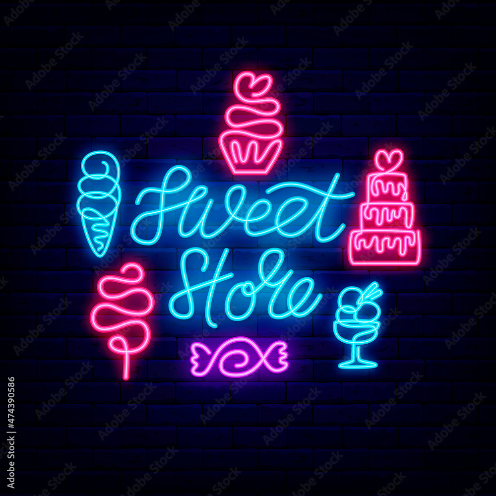 Candy shop neon lettering signboard with icons. One line drawing sweets ...