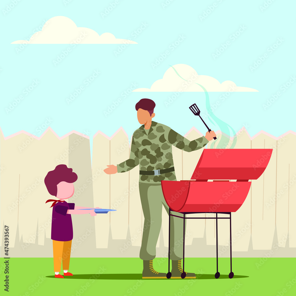 Male is a soldier by profession, cooking grilled meat with his son ...
