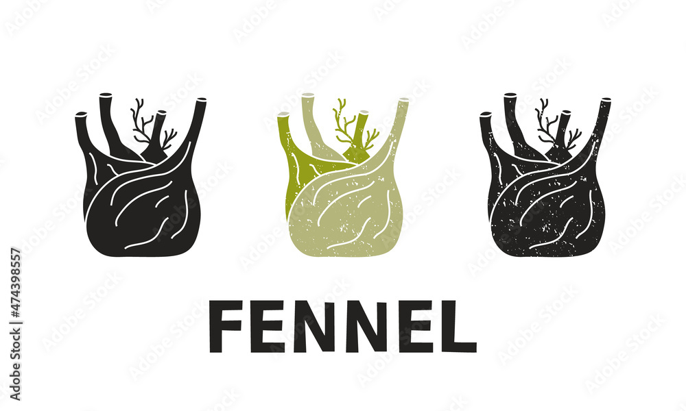 Fennel, silhouette icons set with lettering. Imitation of stamp, print ...