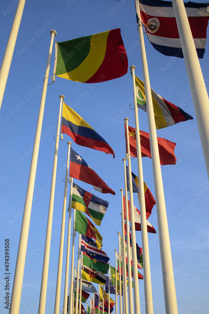 flags of different countries in a row in front of the entrance of ...