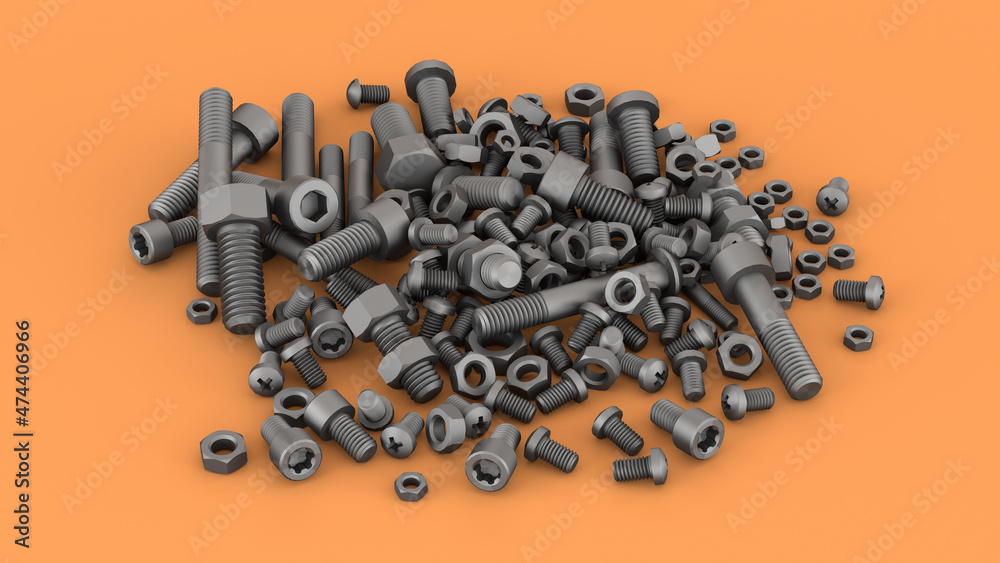 Black bolts and nuts on an orange background. Screw with internal ...