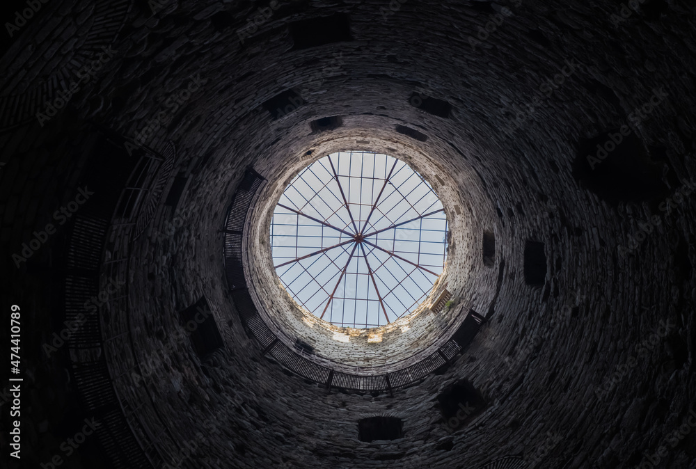 Inside view of the thousand-year-old fortress tower. Historic stone ...