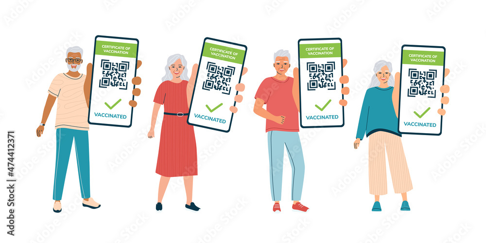 Senior men and women show QR code of the Covid-19 coronavirus ...