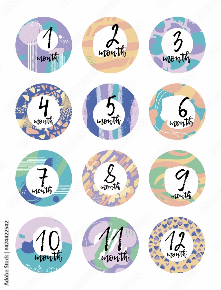 12-month template stickers for newborns. Abstract universal minimalism ...