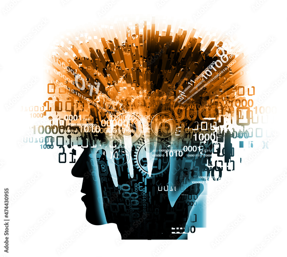 Explosion of Brain, overworked man, computer expert. Illustration of ...