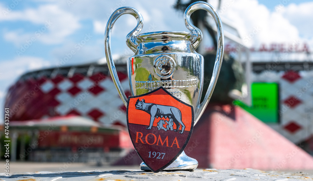 June 14, 2021, Rome, Italy. A.S. Football Club emblem Roma and the UEFA ...