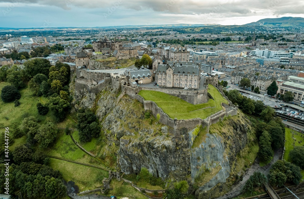Aerial view of Edinburgh in Scotland, with the royal castle occupying a ...