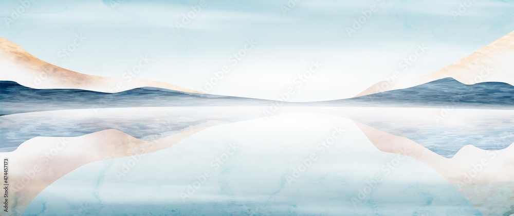 Watercolor ink art background with mountains and hills in the north ...