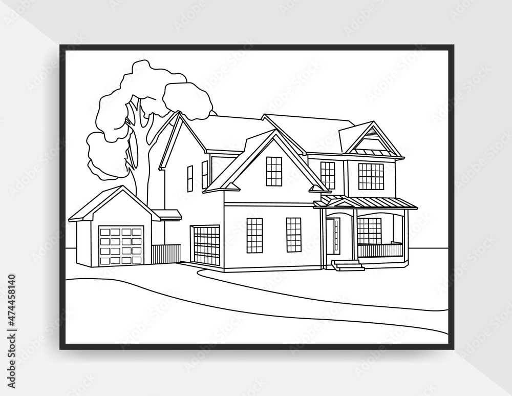 Decorative style beautiful illustration line art hand drawn of house ...