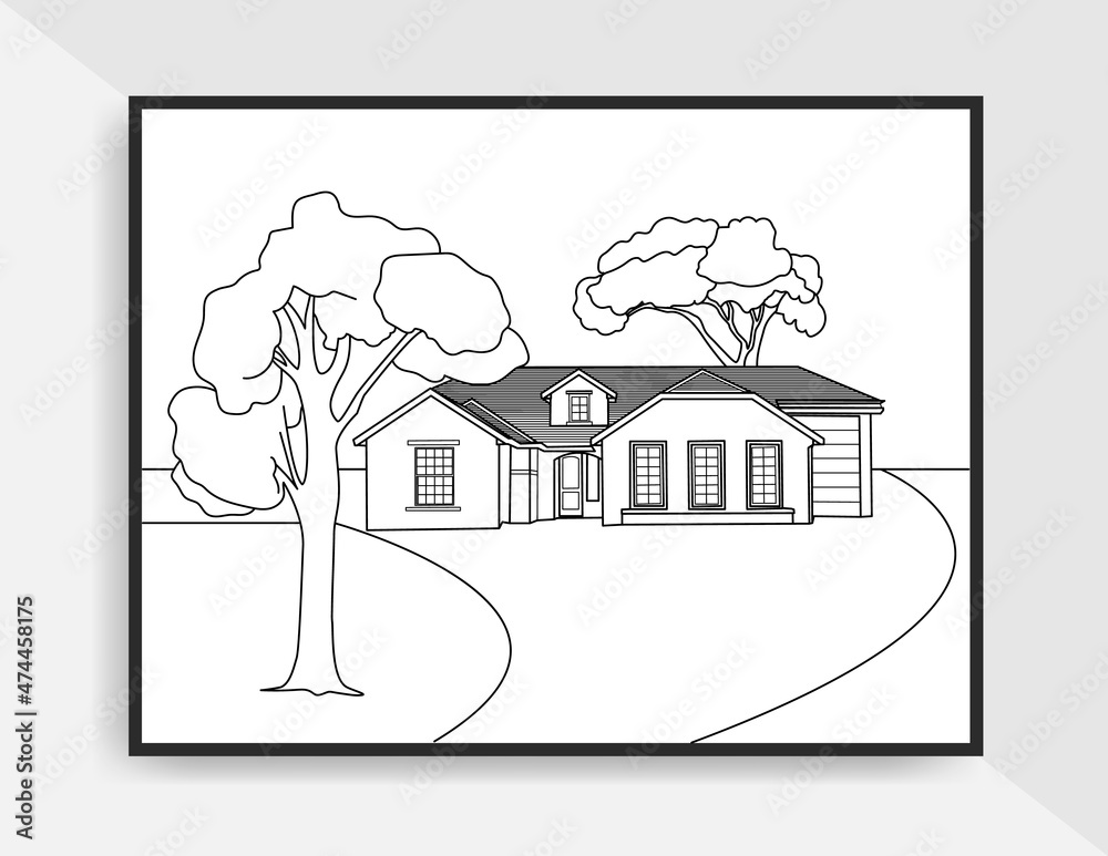 Vintage beautiful illustration line art hand drawn of house landscape ...