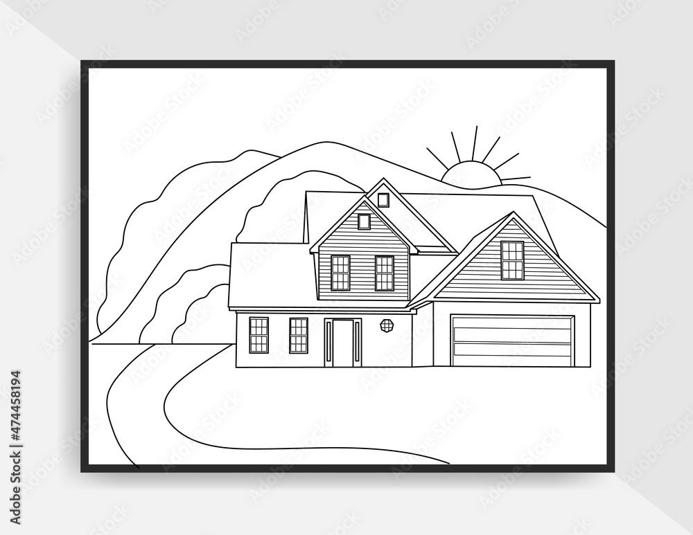 Decorative style hand drawn line art of house landscape for coloring ...