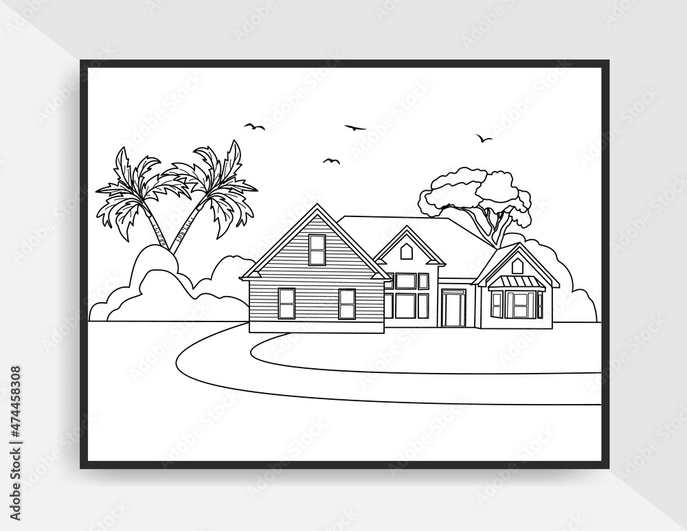 Decorative style illustration line art hand drawn of house landscape ...