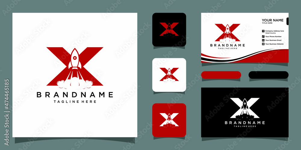 Rocket logo vector design sign template in X with business card design ...