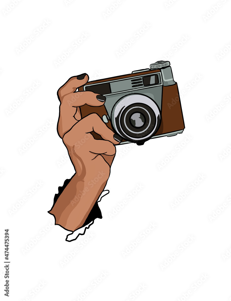 Human hand holding vintage camera and taking image - white background ...