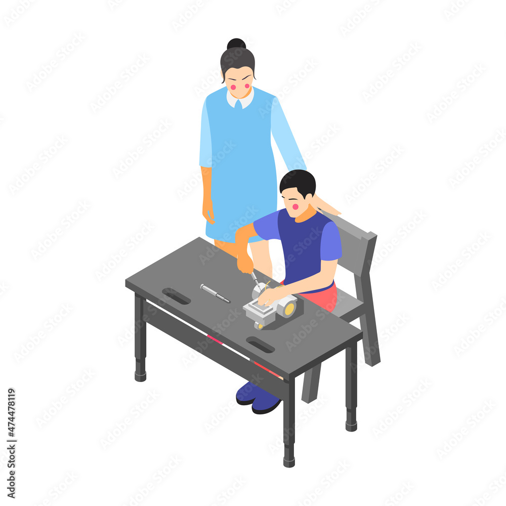 Children technical training centers isometric compositions set with ...