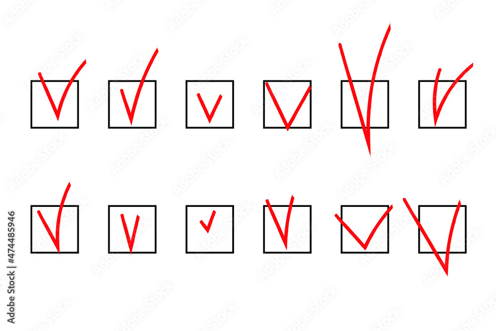 Check mark. Hand drawn check mark. Empty filled boxes for answers in ...