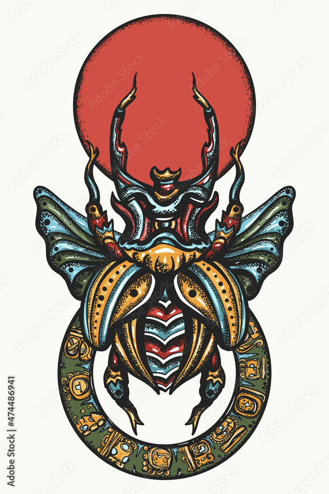 Esoteric insects. Stag beetle and sun. Ancient Egypt style. Color old ...