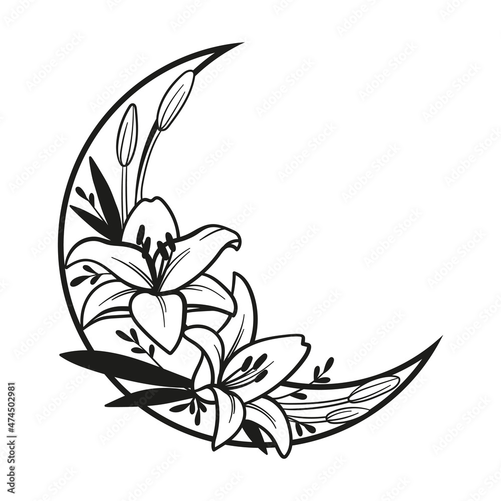 Moon and lily. Hand drawn vector illustration. Black and white ...