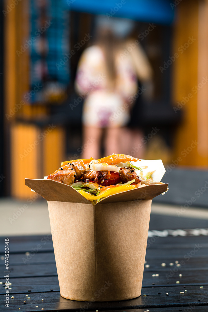 Wok in box spicy noodles Fast food delivery service. Takeaway chinese ...