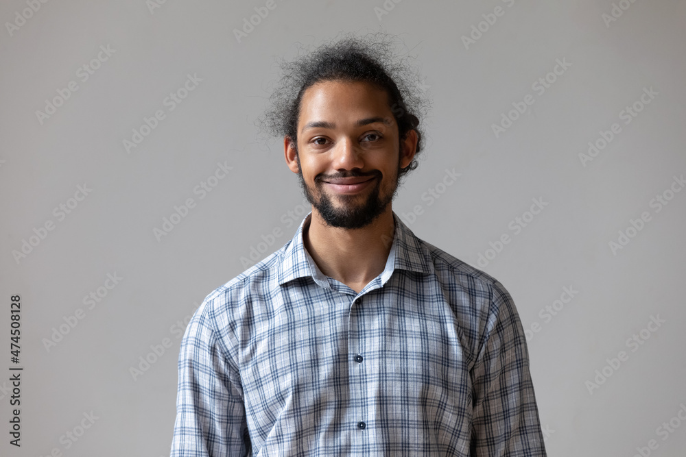 Head shot portrait smiling handsome African single man posing alone ...
