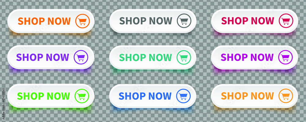Shop now. Set of button shop now or buy now on transparent background ...
