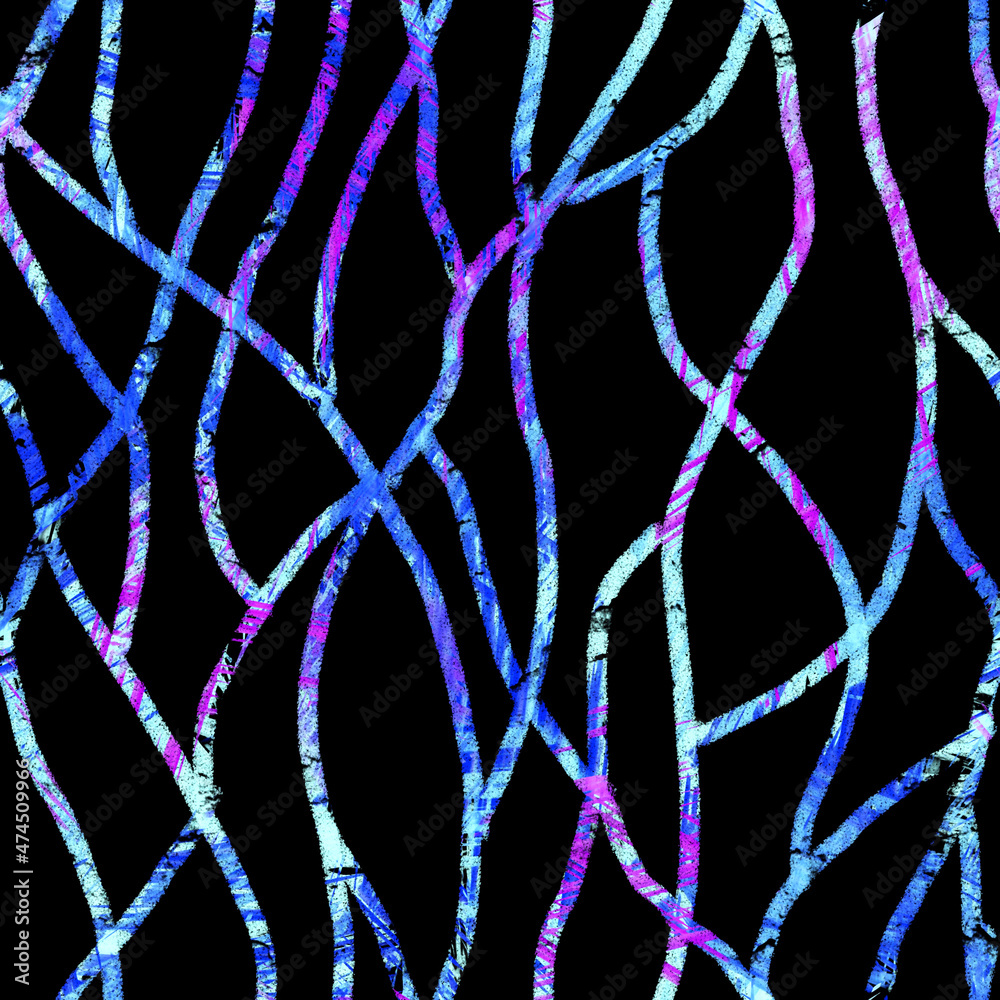 ภาพประกอบสต็อก Seamless pattern of bright blue sinuous lines on a black ...