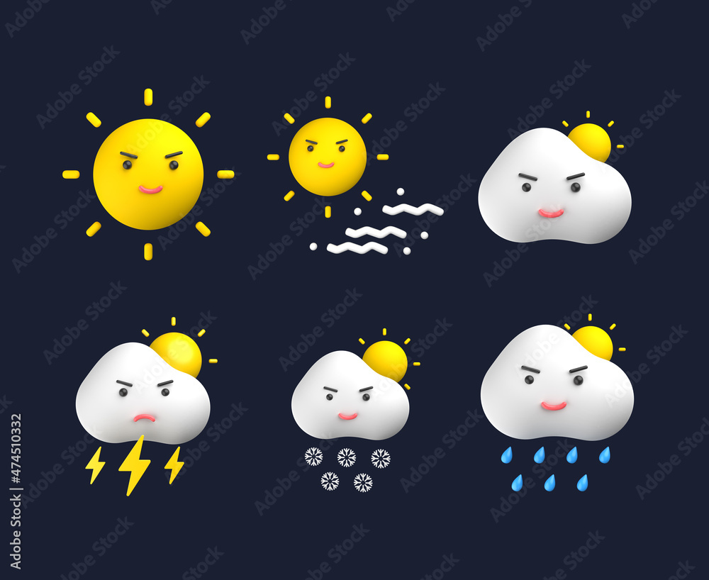 3d rendering Weather sunny sun emoticon icon set Stock Illustration ...