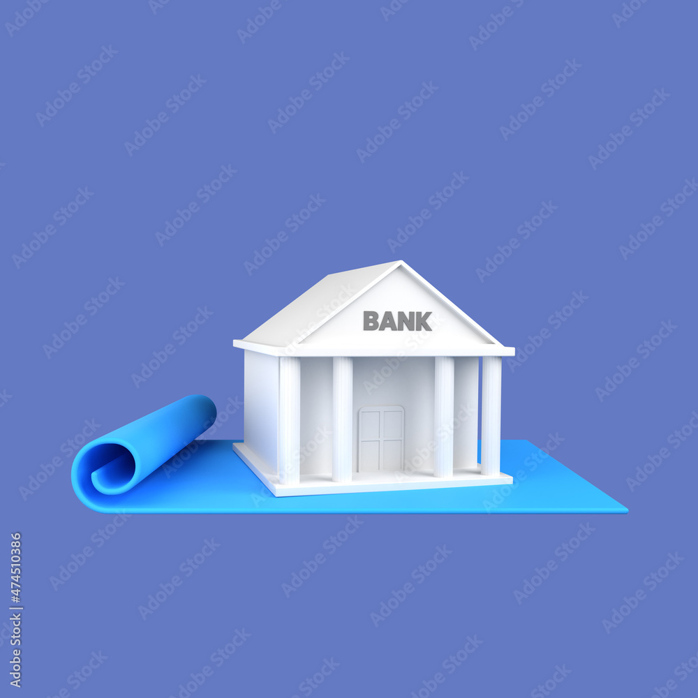 3d cartoon classic bank building blueprint isolated on blue background ...