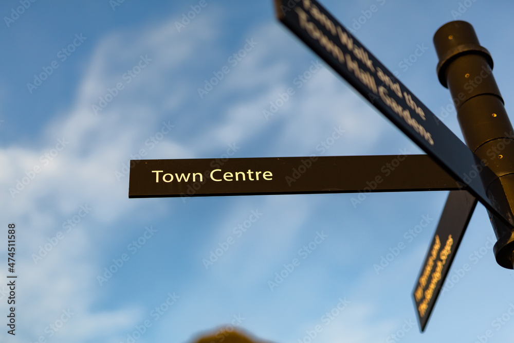 Town centre sign in a popular British seaside tourist destination, it ...
