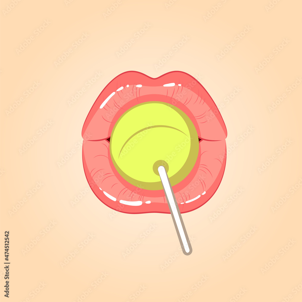 Mouth licking lollipop, female glossy lips and yellow candy on a stick, Illustration in the ...