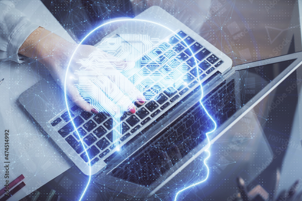 Multi exposure of woman hands working on computer and human brain ...