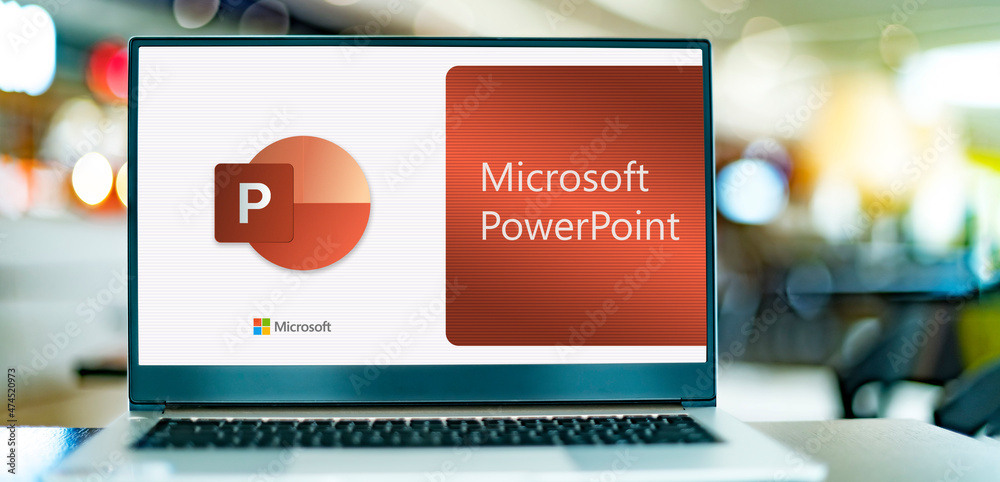Laptop computer displaying logo of Microsoft PowerPoint Stock Photo ...