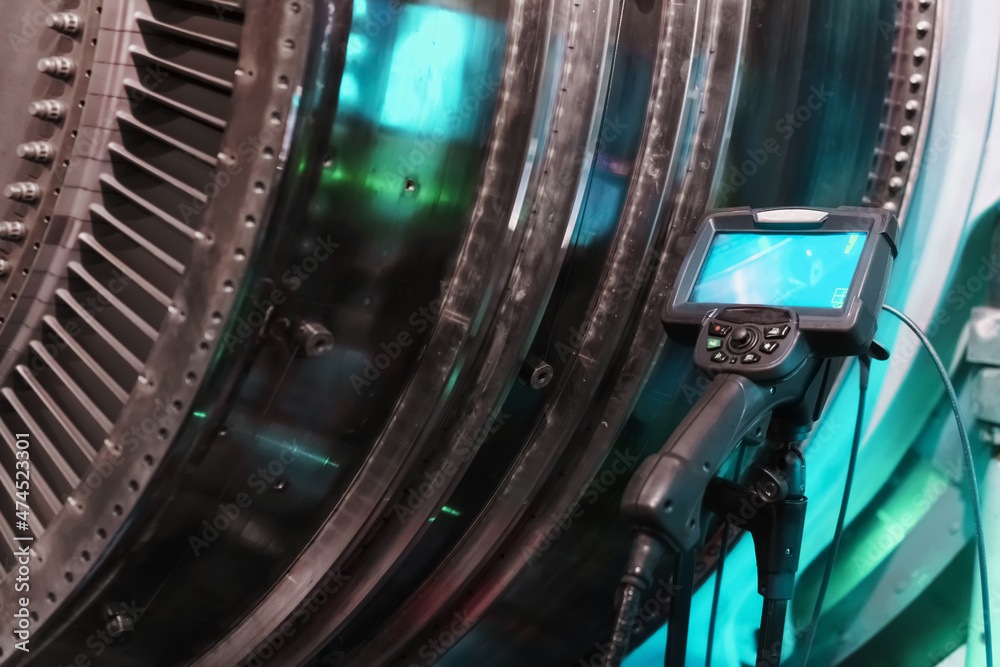 Borescope camera display on a tripod located at the turbine, Inspection ...