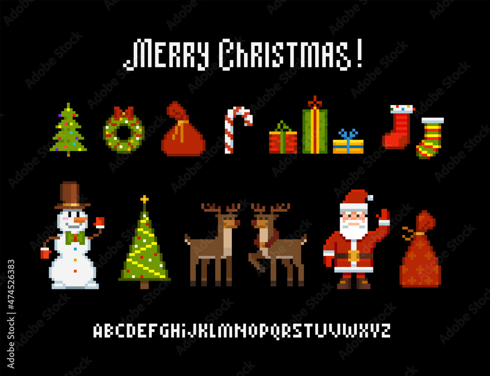 Pixel Art Christmas icons set with Santa, deers, snowman, christmas ...